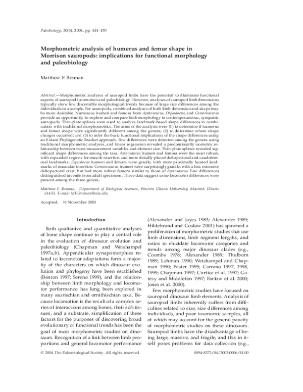 (PDF) Morphometric analysis of humerus and femur shape in Morrison ...