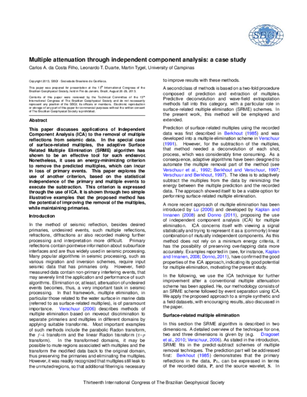 (PDF) Multiple attenuation through independent component analysis: a case study | Martin Tygel ...