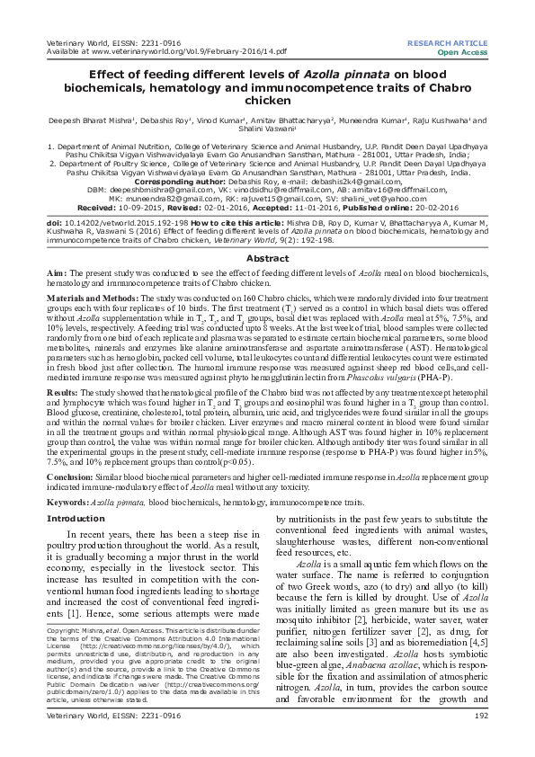 (PDF) Effect of feeding different levels of Azolla pinnata on blood ...