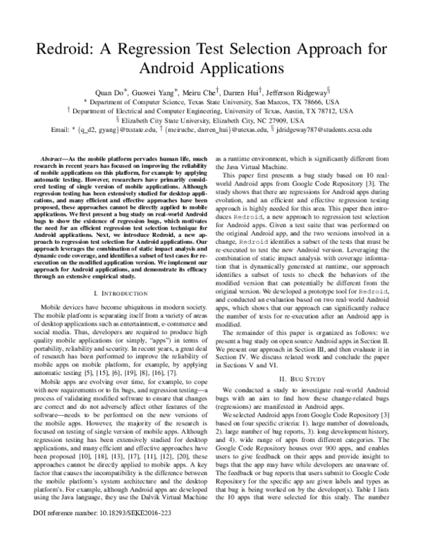 Pdf Redroid A Regression Test Selection Approach For Android Applications
