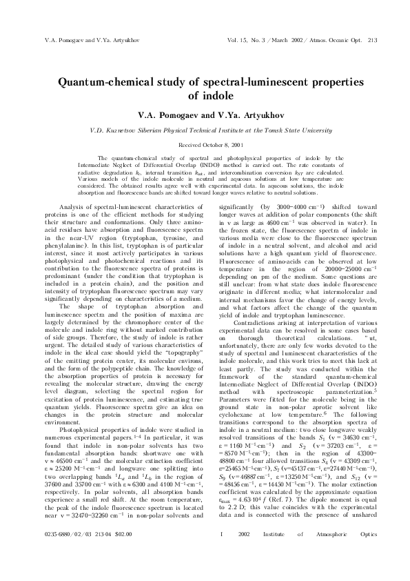 (PDF) Quantum-chemical study of spectral-luminescent properties of indole