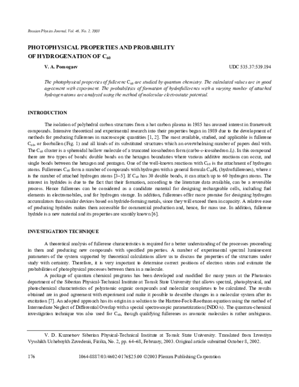(PDF) Photophysical Properties and Probability of Hydrogenation of C60