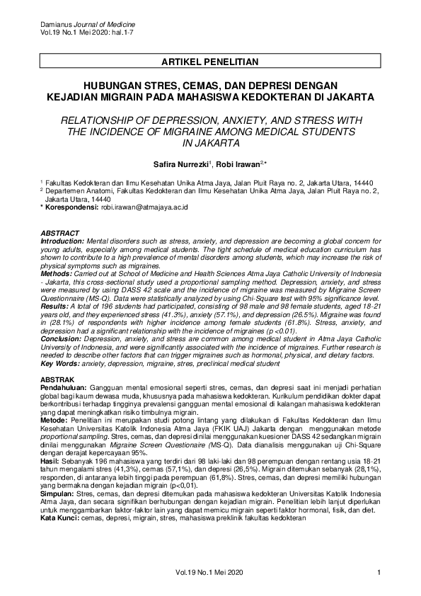 (PDF) Hubungan Stres, Cemas, Dan Depresi Dengan Kejadian Migrain Pada Mahasiswa Kedokteran DI ...