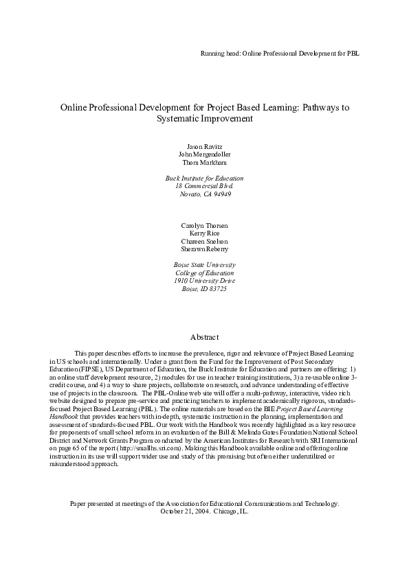 (PDF) Online professional development for project based learning ...