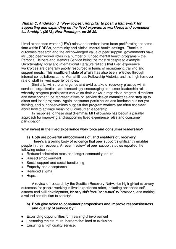 Peer to peer, not piIlar to post; a framework for supporting and expanding on the lived ...