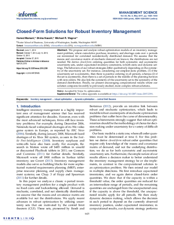 (PDF) Closed-Form Solutions for Robust Inventory Management