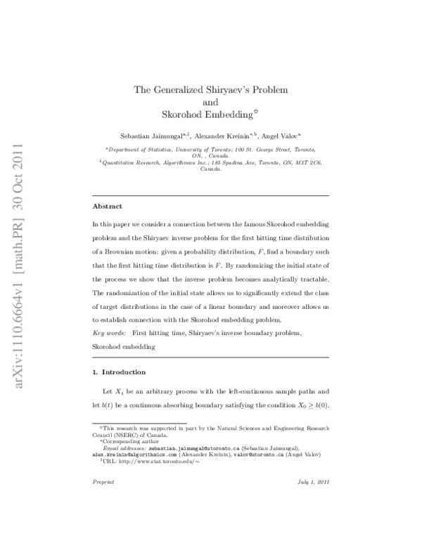 (PDF) The Generalized Shiryaev's Problem and Skorohod Embedding