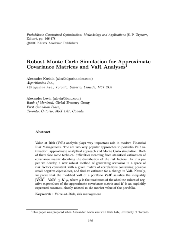 Pdf Robust Monte Carlo Simulation For Approximate Covariance Matrices And Var Analyses