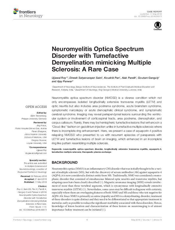 (PDF) Neuromyelitis Optica Spectrum Disorder with Tumefactive Demyelination mimicking Multiple ...