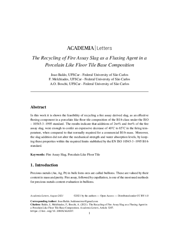 (PDF) The Recycling of Fire Assay Slag as a Fluxing Agent in a ...