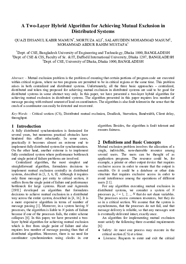 (PDF) A Two-Layer Hybrid Algorithm for Achieving Mutual Exclusion In Distributed Systems