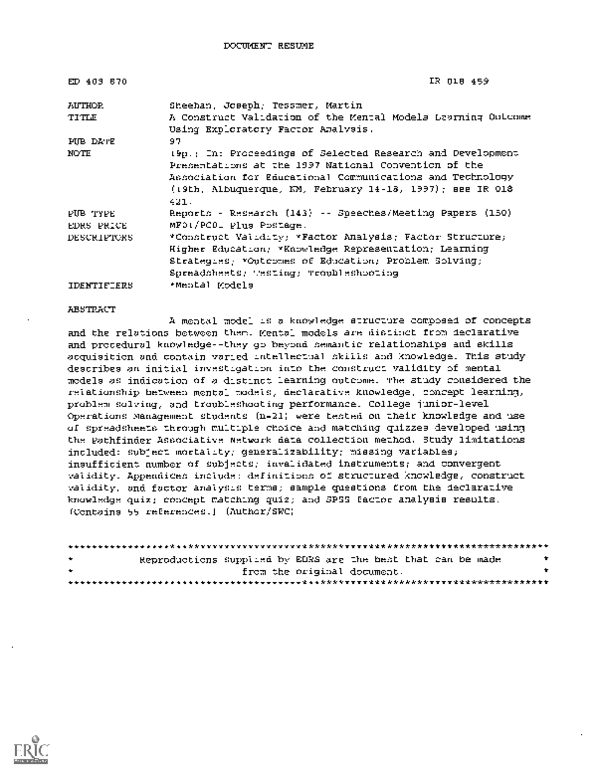 Pdf A Construct Validation Of The Mental Models Learning Outcome Using Exploratory Factor Analysis