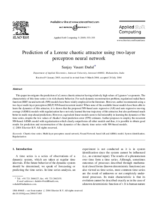 Pdf Prediction Of A Lorenz Chaotic Attractor Using Two Layer Perceptron Neural Network