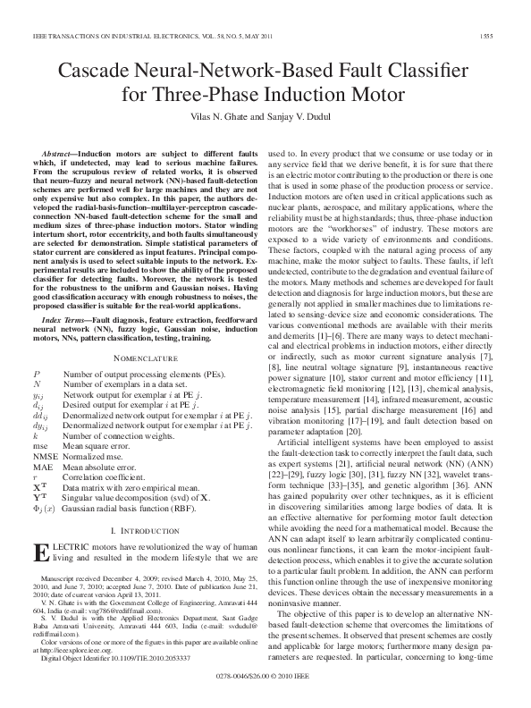 Pdf Cascade Neural Network Based Fault Classifier For Three Phase Induction Motor