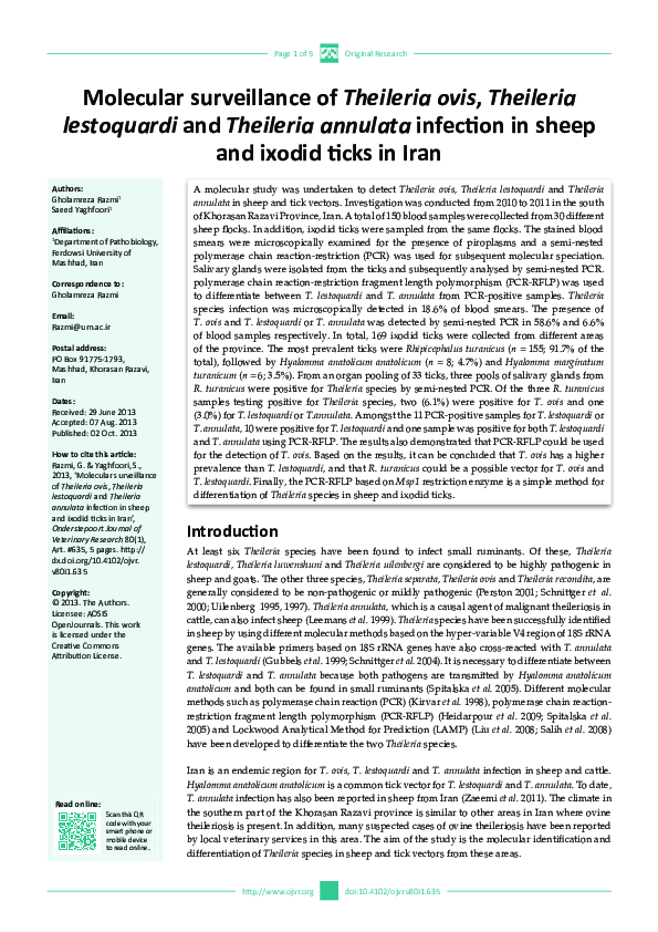 Pdf Molecular Surveillance Of Theileria Ovis Theileria Lestoquardi