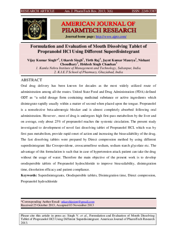 Pdf Formulation And Evaluation Of Mouth Dissolving Tablet Of Propranolol Hcl Using Different