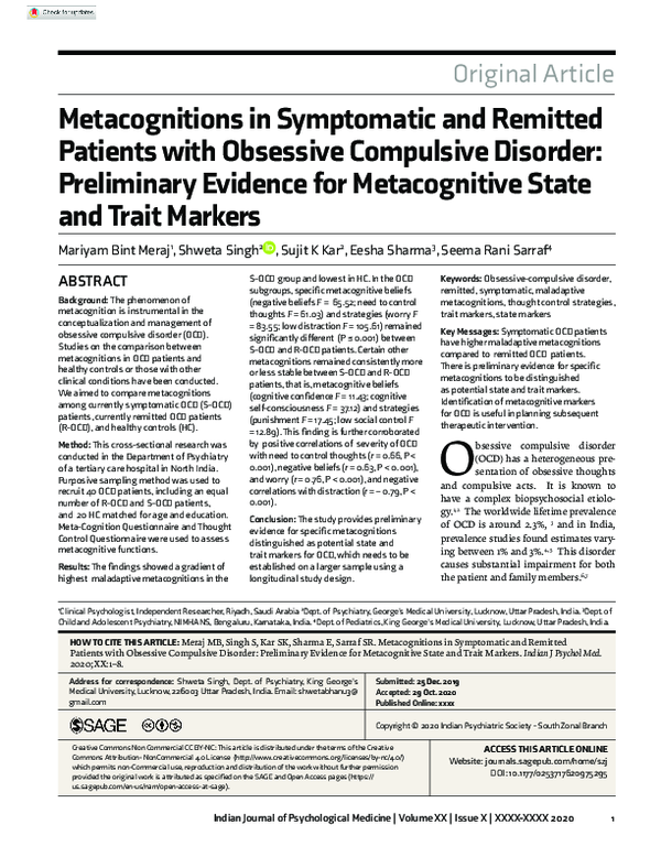 (PDF) Metacognitions in Symptomatic and Remitted Patients with Obsessive Compulsive Disorder ...