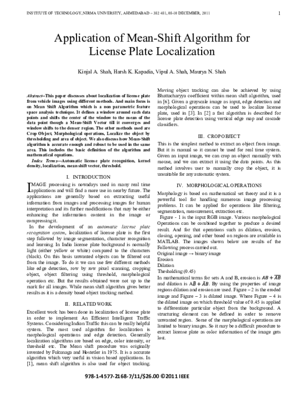 (PDF) Application of Mean-Shift algorithm for license plate localization