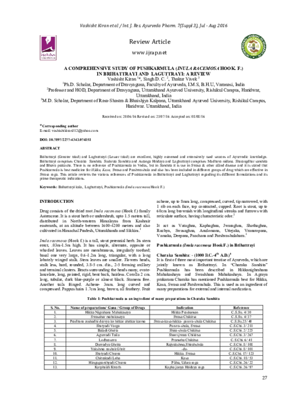 (PDF) A Comprehensive Study of Pushkarmula (Inula Racemosa Hook. F.) in ...