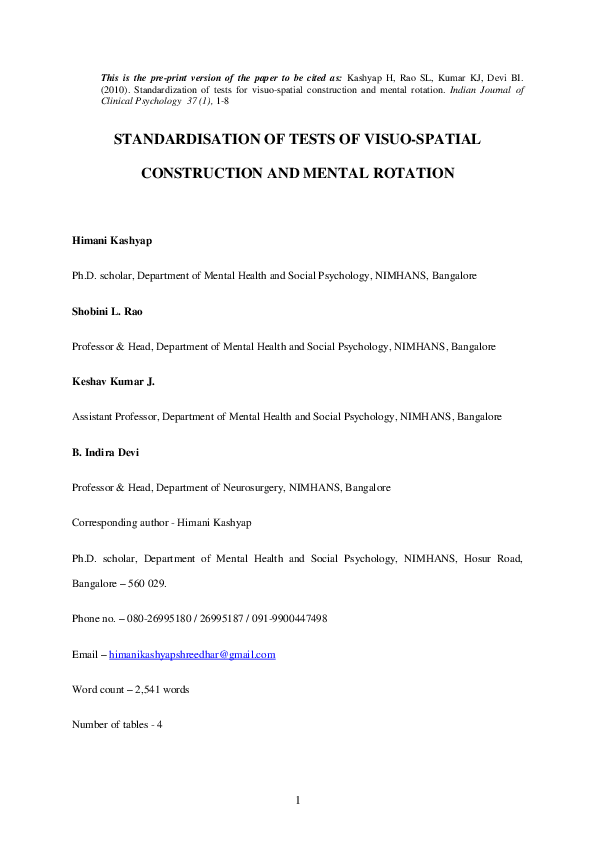 (PDF) Standardization of tests of visuo-spatial construction and mental ...