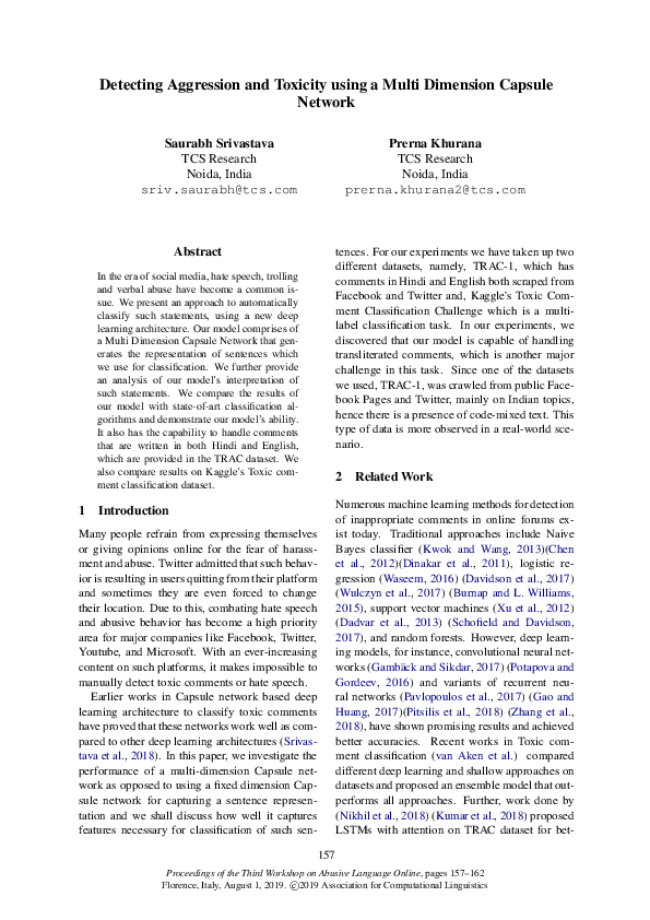 Pdf Detecting Aggression And Toxicity Using A Multi Dimension Capsule Network