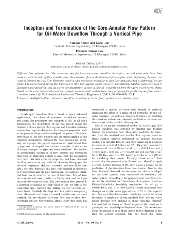 (PDF) Inception and termination of the core-annular flow pattern for oil-water downflow through ...