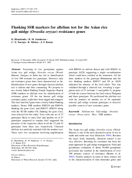 (PDF) Flanking SSR markers for allelism test for the Asian rice gall ...