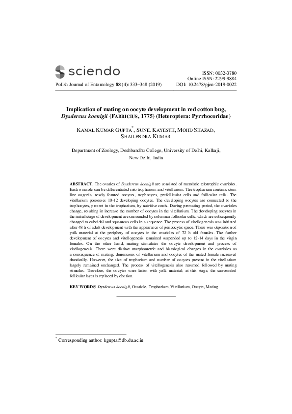 (PDF) Implication of mating on oocyte development in red cotton bug ...