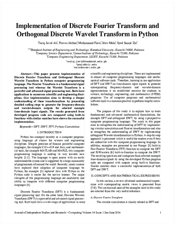 Pdf Implementation Of Discrete Fourier Transform And Orthogonal Discrete Wavelet Transform In