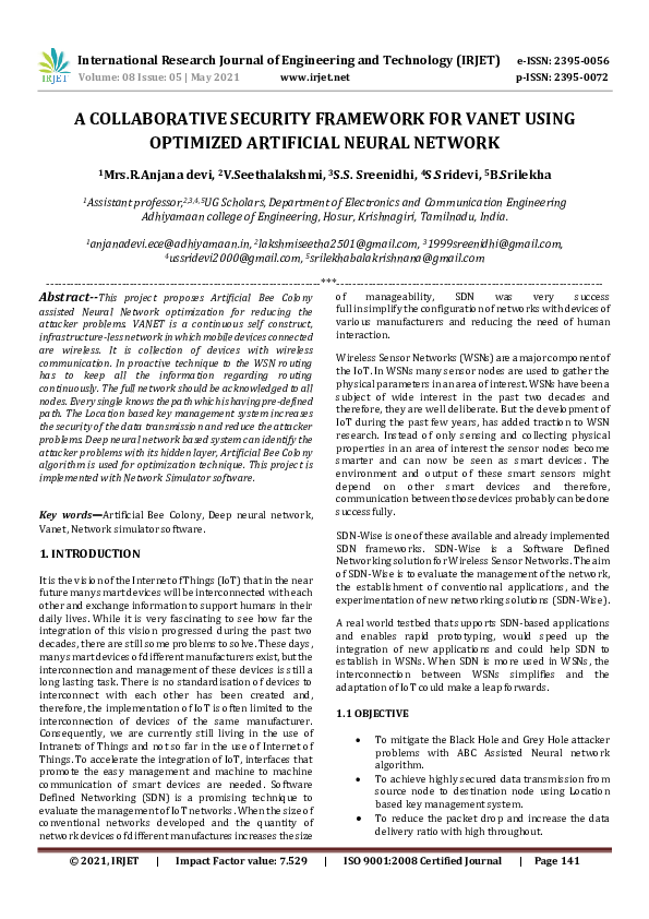 (PDF) A COLLABORATIVE SECURITY FRAMEWORK FOR VANET USING OPTIMIZED ARTIFICIAL NEURAL NETWORK