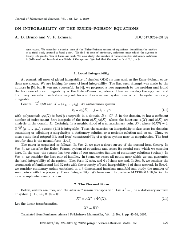 (PDF) On integrability of the Euler-Poisson equations