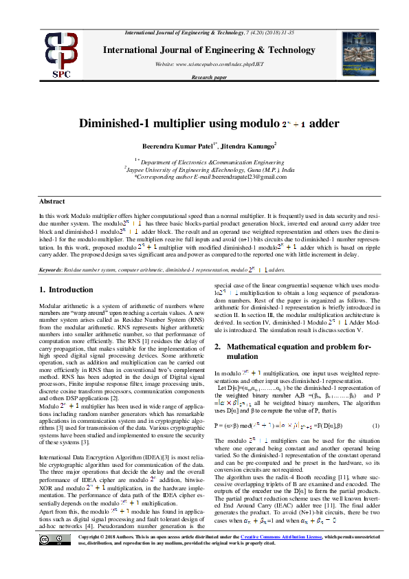 (PDF) Diminished-1 multiplier using modulo adder