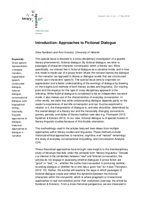 (PDF) Introduction: Approaches to Fictional Dialogue