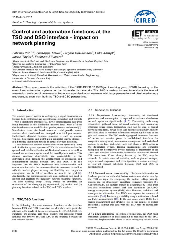 (PDF) Control and automation functions at the TSO and DSO interface ...