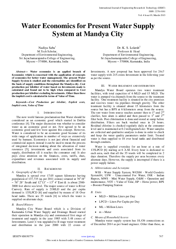 (PDF) Water Economics for Present Water Supply System at Mandya City