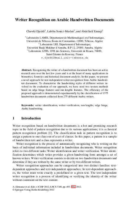 (PDF) Writer Recognition on Arabic Handwritten Documents