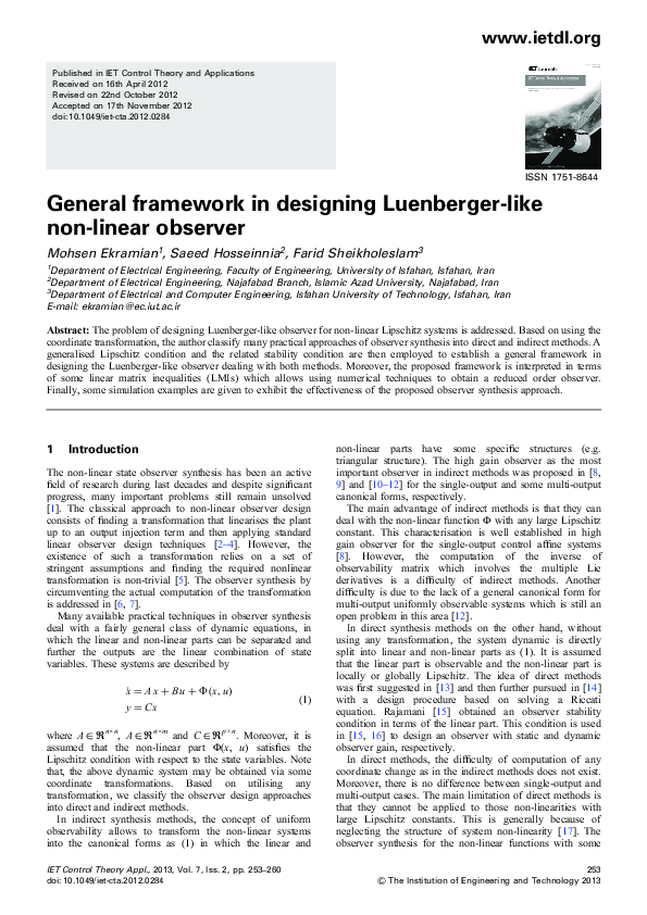 (PDF) General framework in designing Luenberger-like non-linear observer
