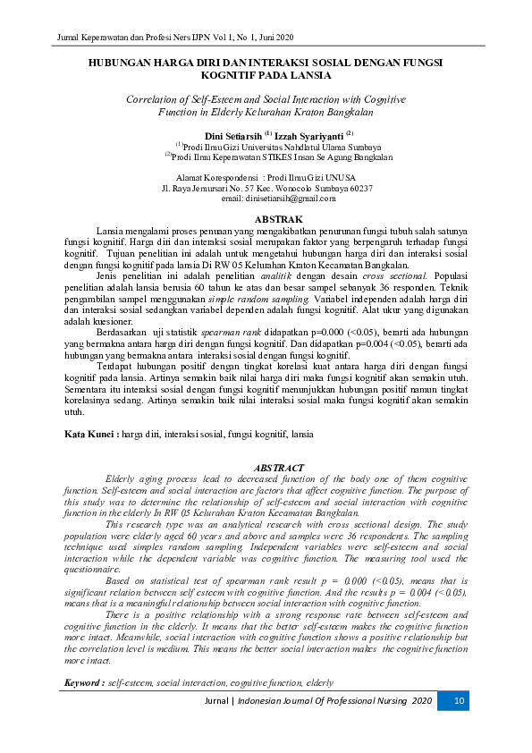 (PDF) Hubungan Harga Diri Dan Interaksi Sosial Dengan Fungsi Kognitif Pada Lansia