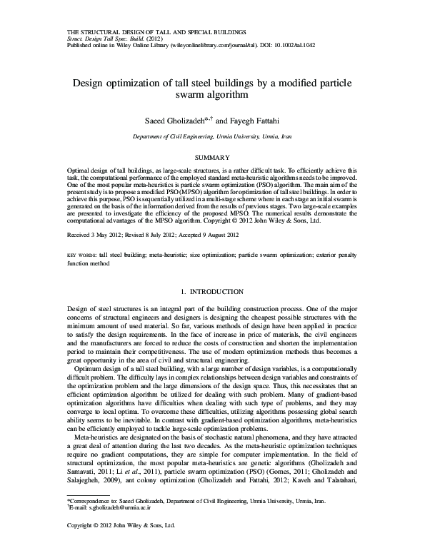 Pdf Design Optimization Of Tall Steel Buildings By A Modified Particle Swarm Algorithm