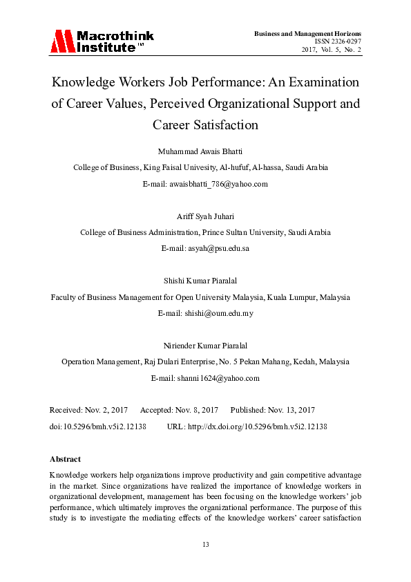 (PDF) Knowledge Workers Job Performance: An examination of Career Values, Perceived ...