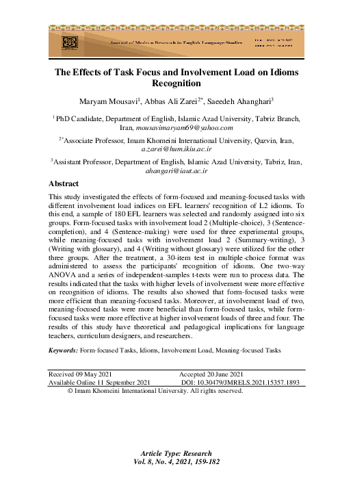 (PDF) Task Focus and Involvement Load Effects on Idiom Recognition