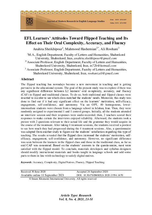 (PDF) EFL Learners' Attitudes Toward Flipped Teaching and Its Effect on Their Oral Complexity ...