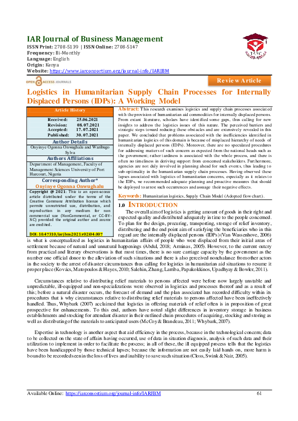 (PDF) Logistics in Humanitarian Supply Chain Processes for Internally ...