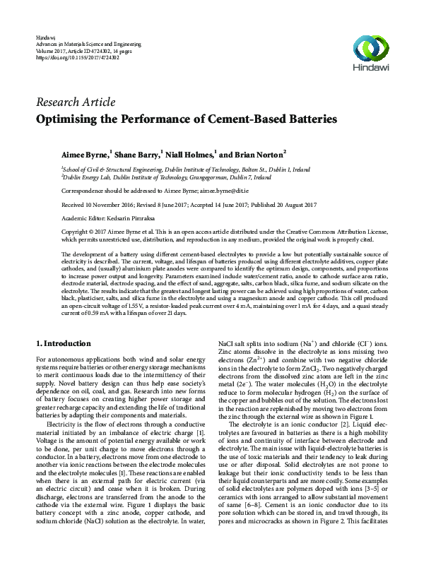 (PDF) Optimising the Performance of Cement-Based Batteries