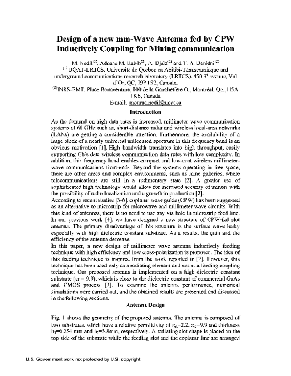 (PDF) Design of a new mm-wave antenna fed by CPW inductively coupling ...