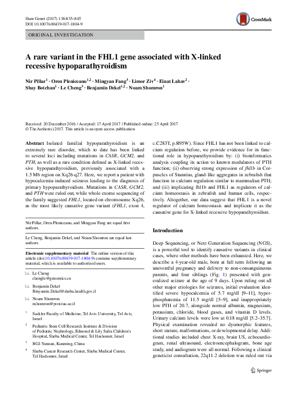 (PDF) A rare variant in the FHL1 gene associated with X-linked ...