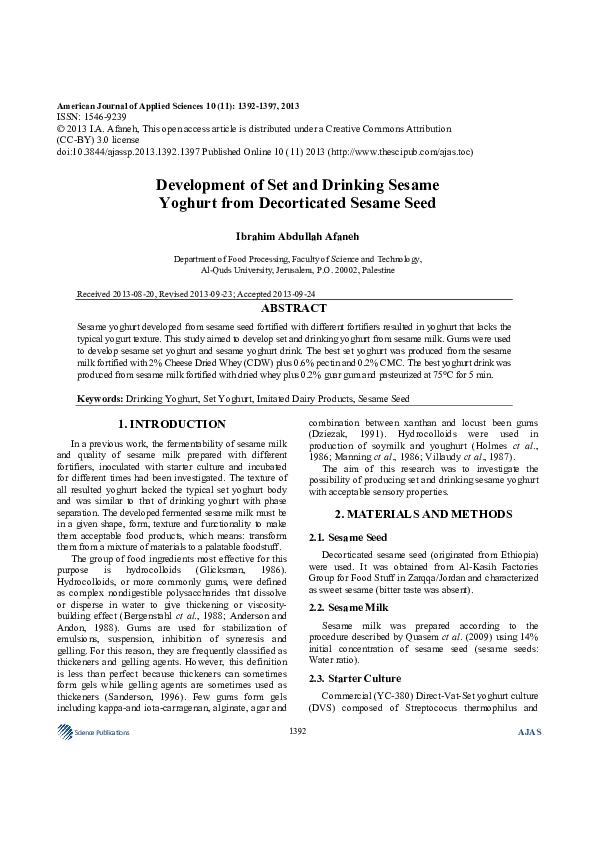 (PDF) Development of Set and Drinking Sesame Yoghurt from Decorticated ...