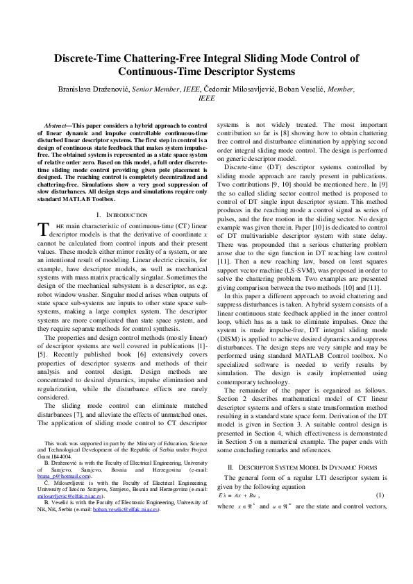 Pdf Discrete Time Chattering Free Integral Sliding Mode Control Of Continuous Time Descriptor