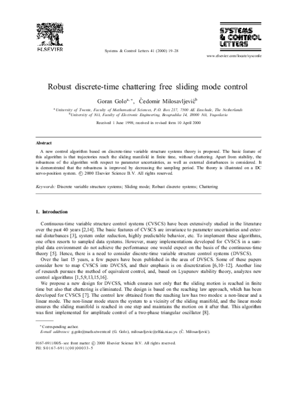 (PDF) Robust discrete-time chattering free sliding mode control | Cedomir Milosavljevic ...