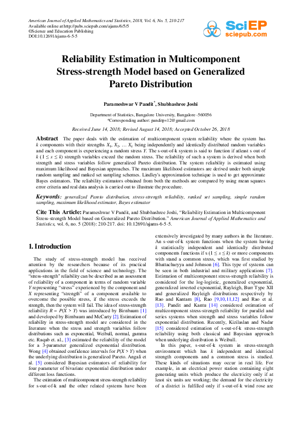 Pdf Reliability Estimation In Multicomponent Stress Strength Model Based On Generalized Pareto